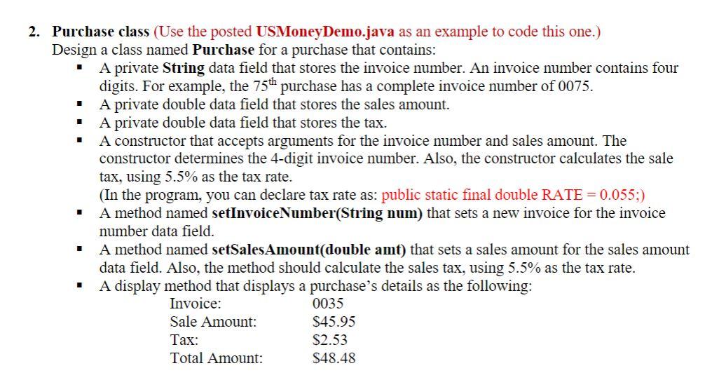 Solved . . . 2. Purchase class (Use the posted USMoney | Chegg.com
