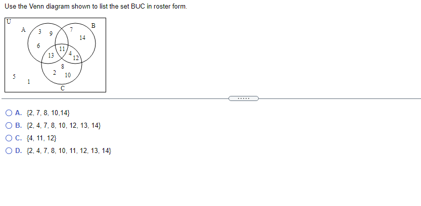 Solved Use the Venn diagram shown to list the set BUC in | Chegg.com