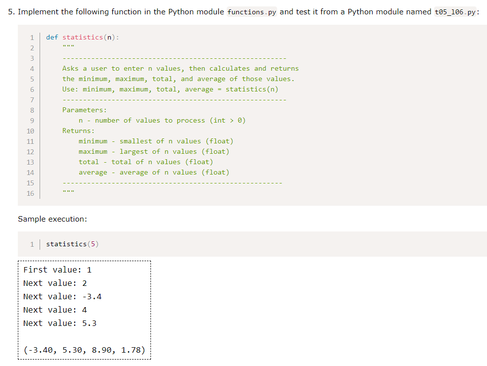 Solved Sample execution: 1∣ statistics (5) First value: 1 | Chegg.com