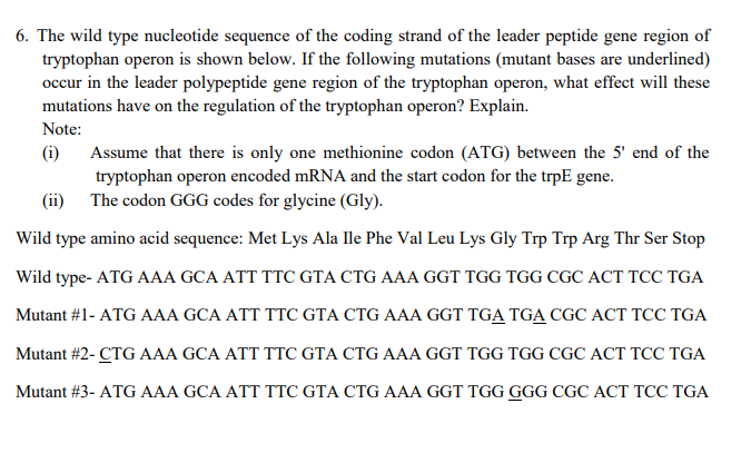 Solved 6. The wild type nucleotide sequence of the coding | Chegg.com