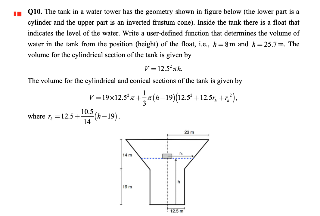 Solved I Q10. The tank in a water tower has the geometry | Chegg.com