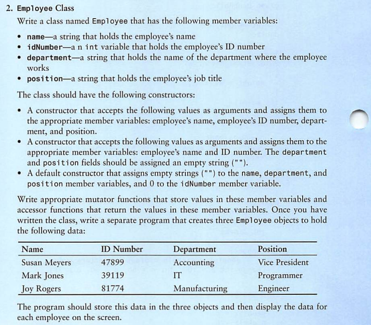 Solved 2. Employee Class Write a class named Employee that | Chegg.com