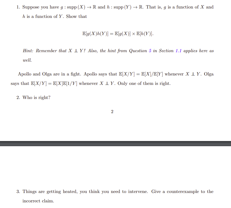 1. Suppose you have g:supp(X)→R and h:supp(Y)→R. That | Chegg.com