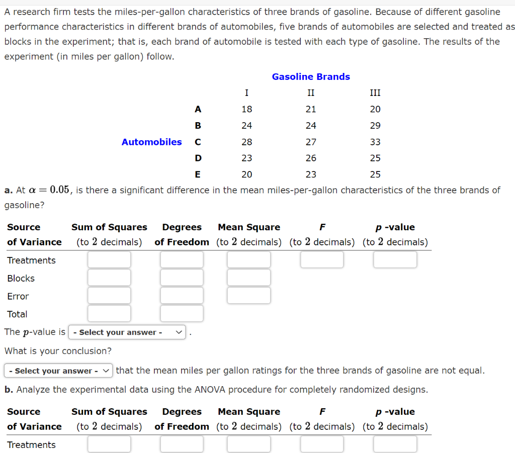 Solved A research firm tests the miles-per-gallon | Chegg.com