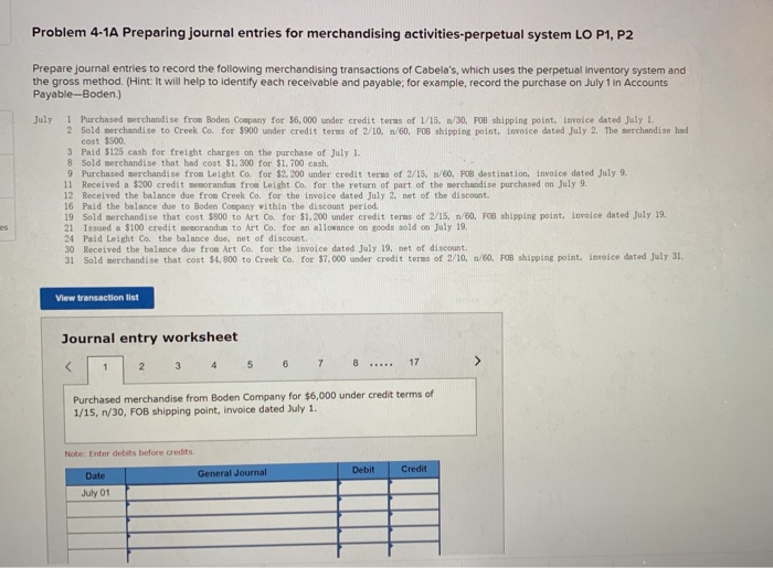 Solved Problem 4-1A Preparing journal entries for | Chegg.com