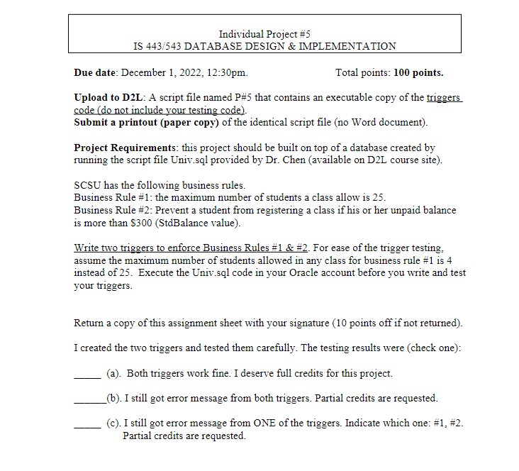 Solved Individual Project \#5 IS 443/543 DATABASE DESIGN \& | Chegg.com