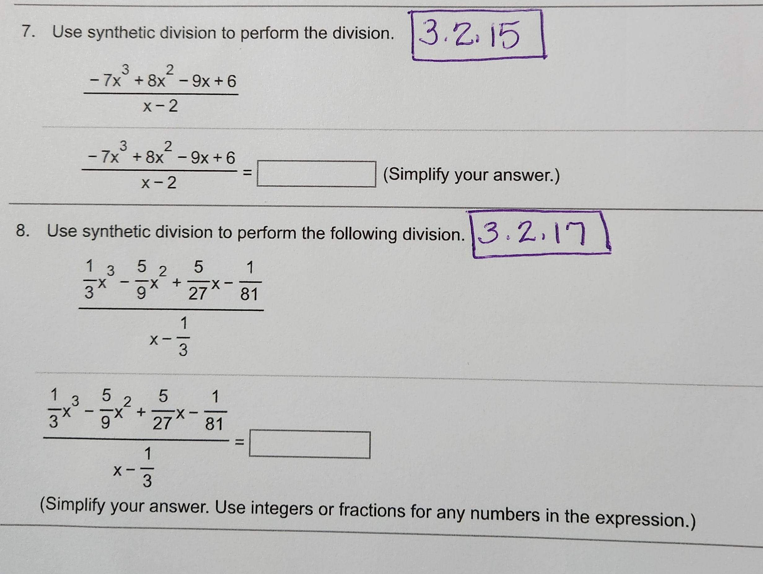 Solved 7. Use synthetic division to perform the division. | Chegg.com