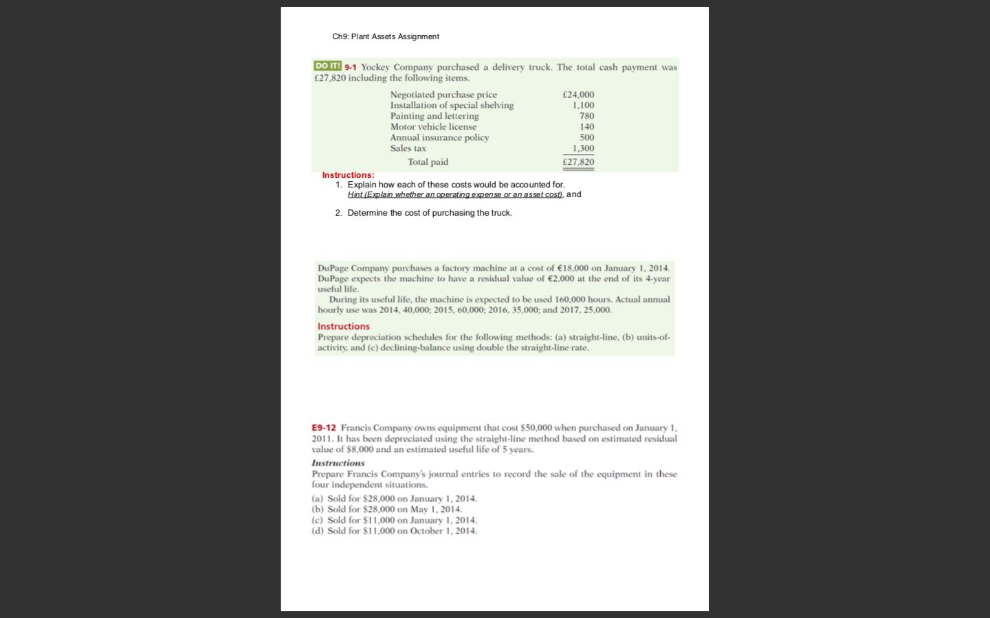Solved Ch9: Plant Assets Assignment DO IT! 9-1 Yockey | Chegg.com