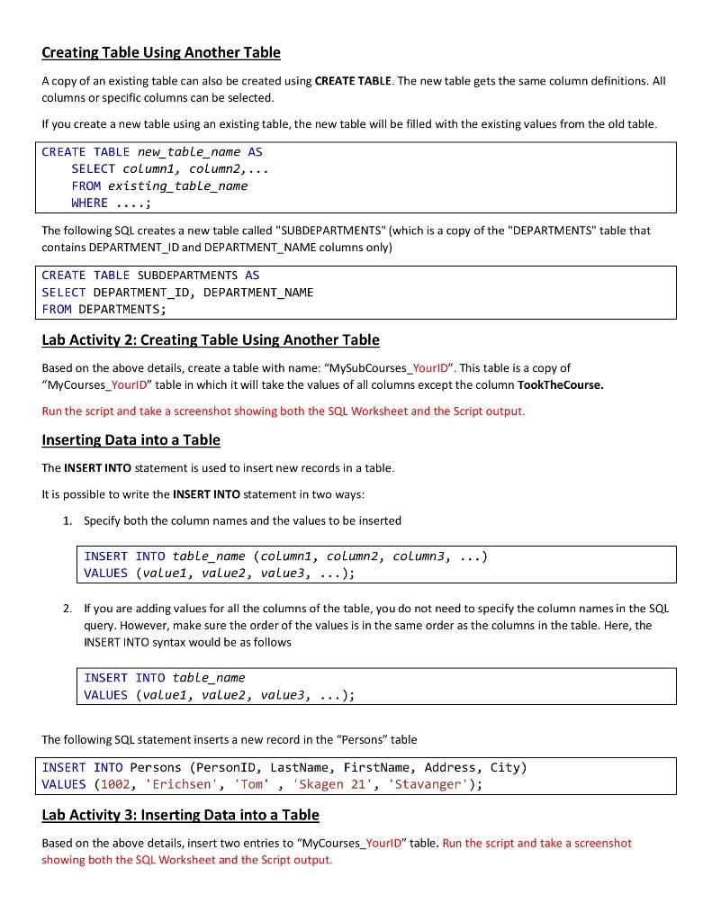 Creating Table Using Another Table A Copy Of An 