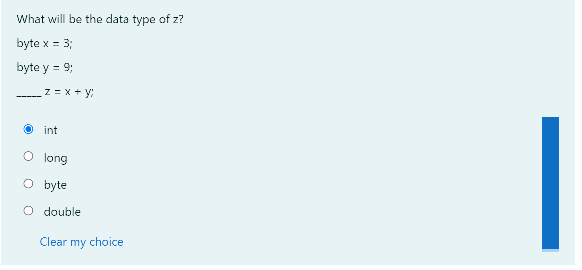 Solved What will be the data type of z? byte x = 3; byte y = | Chegg.com