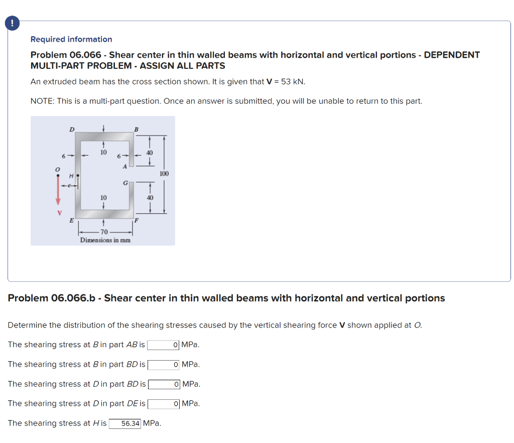 Solved Problem 06.066 - Shear center in thin walled beams | Chegg.com