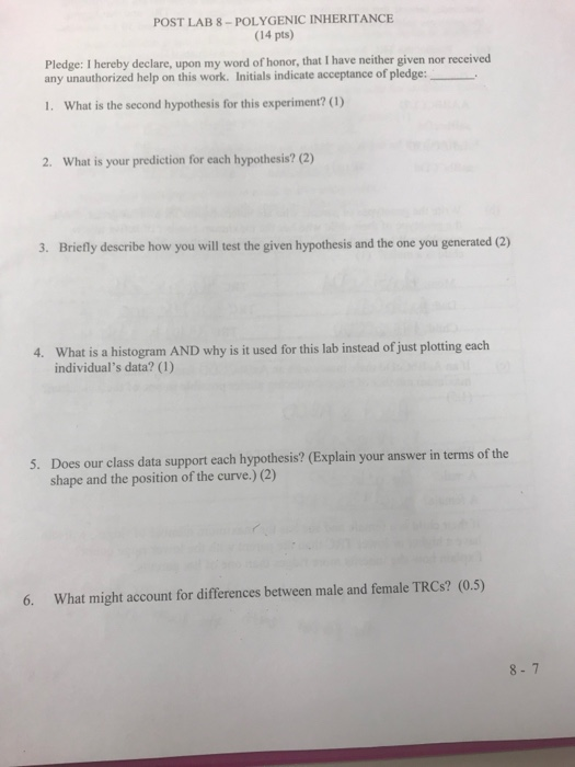 POST LAB 8-POLYGENIC INHERITANCE (14 pts) Pledge: I | Chegg.com