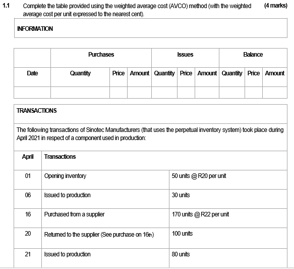 Solved 1.1 (4 marks) Complete the table provided using the | Chegg.com