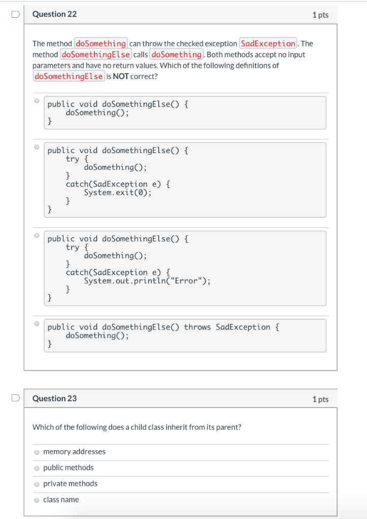 Solved Question 22 1 pts The method doSomething can throw | Chegg.com