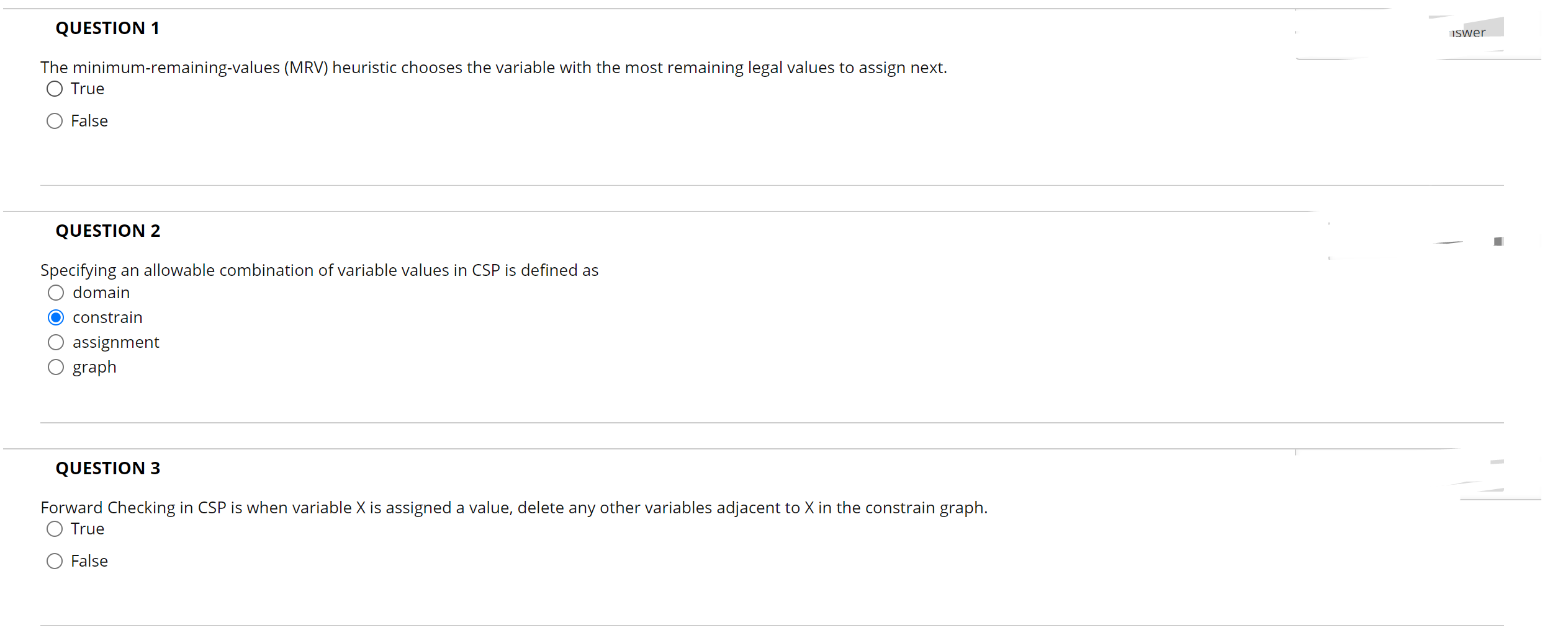 Solved QUESTION 1 nswer The minimum-remaining-values (MRV) | Chegg.com