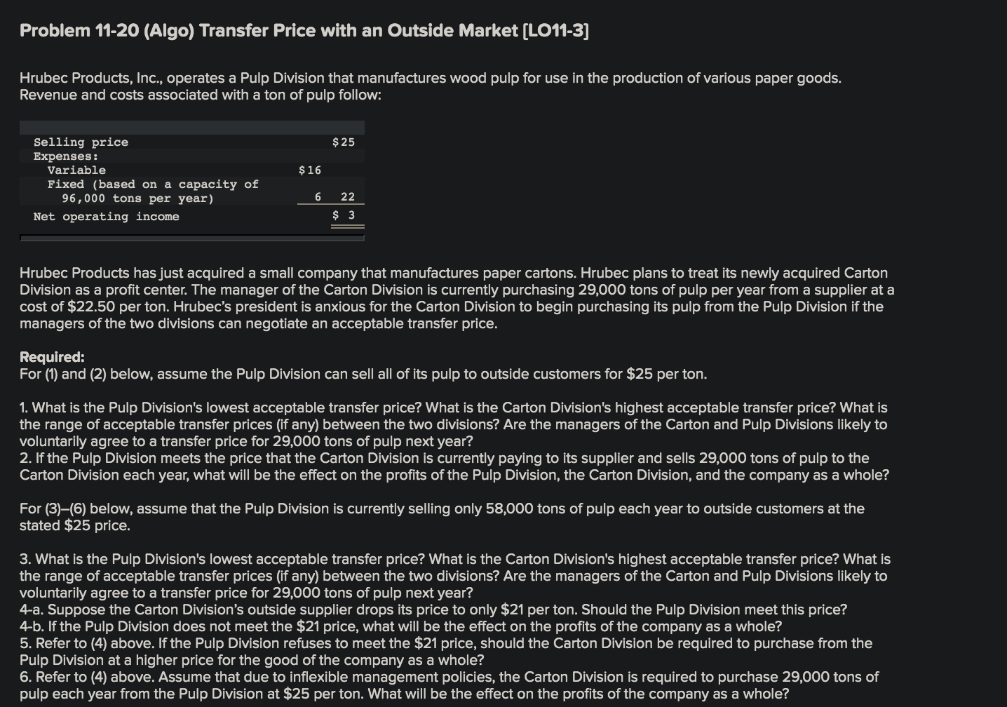 Solved Problem 11-20 (Algo) Transfer Price with an Outside | Chegg.com
