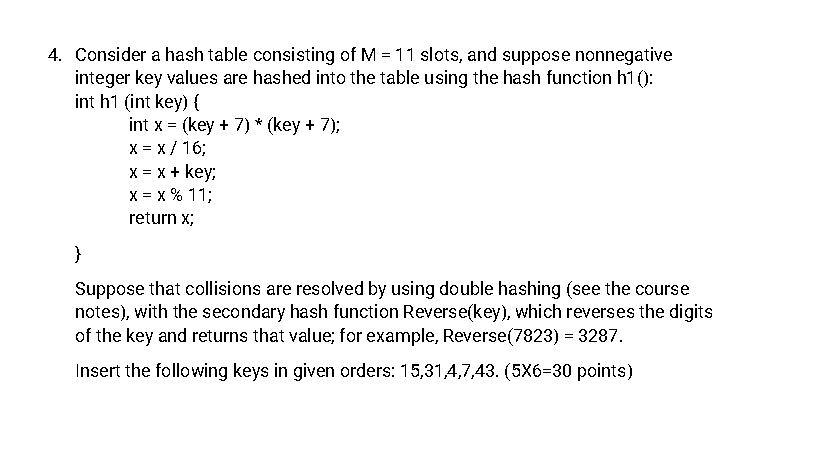 Solved 4. Consider a hash table consisting of M = 11 slots, | Chegg.com