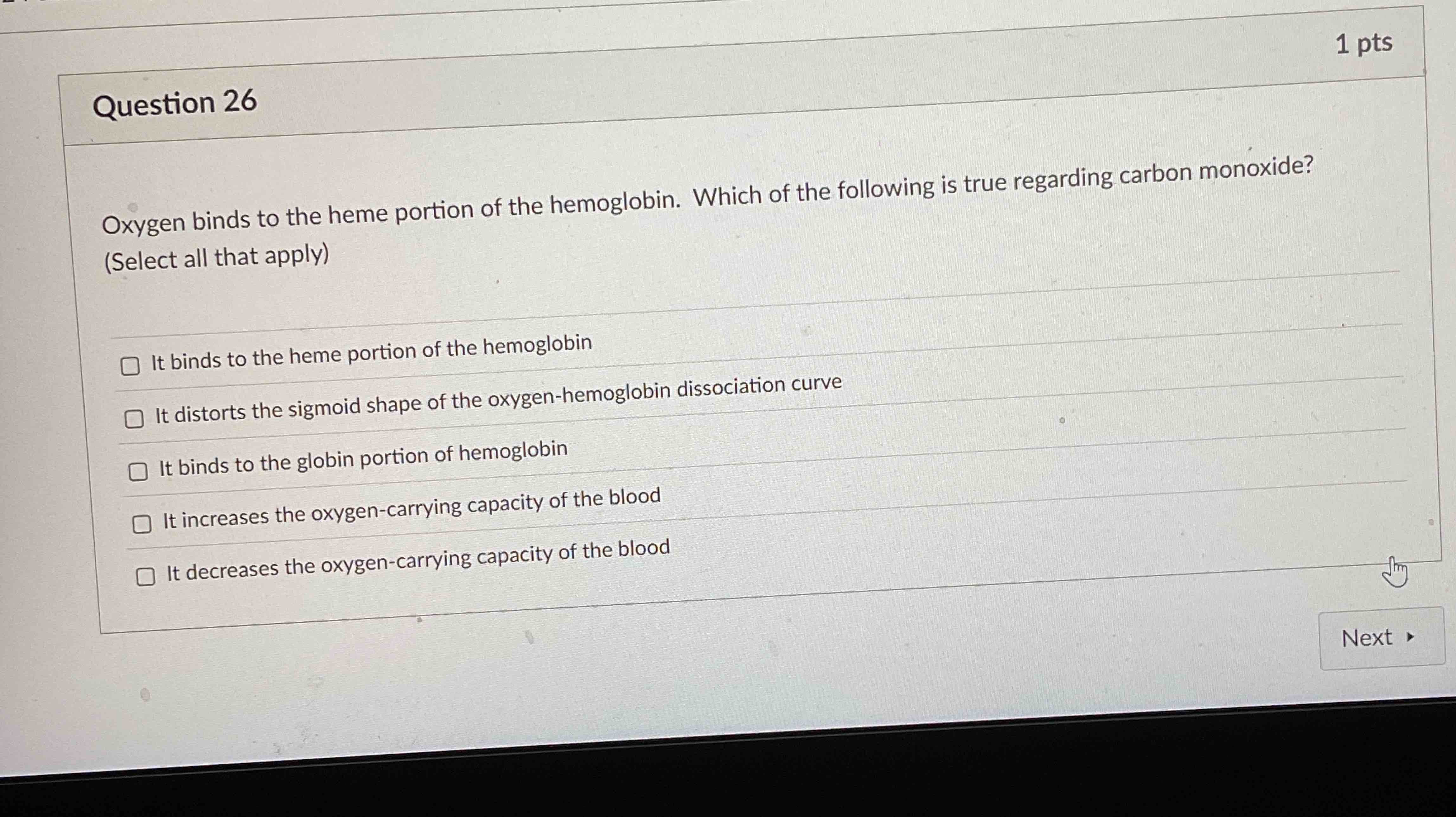 Solved Question 26Oxygen binds to the heme portion of the | Chegg.com