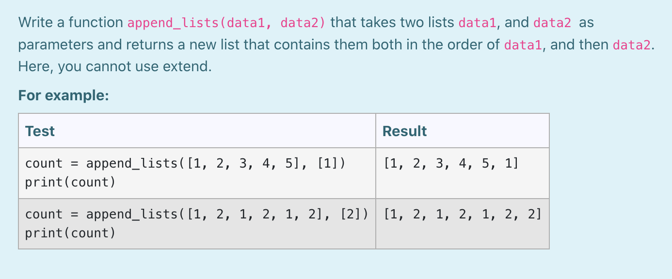 Solved Write a function append_lists(data1, data2) that | Chegg.com
