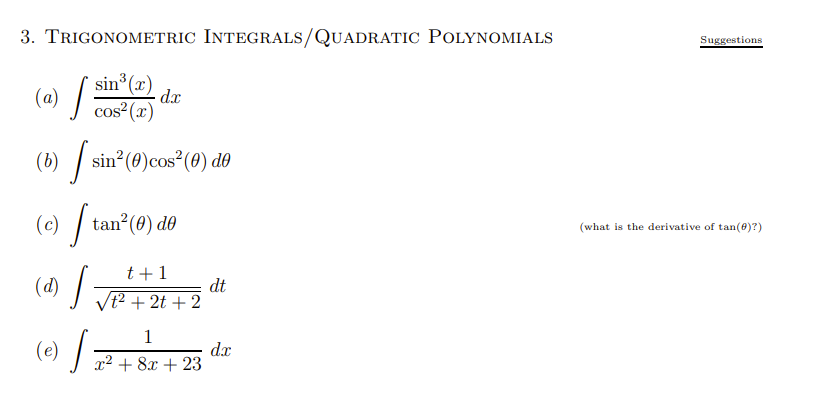 Solved 3. Trigonometric Integrals/Quadratic Polynomials | Chegg.com