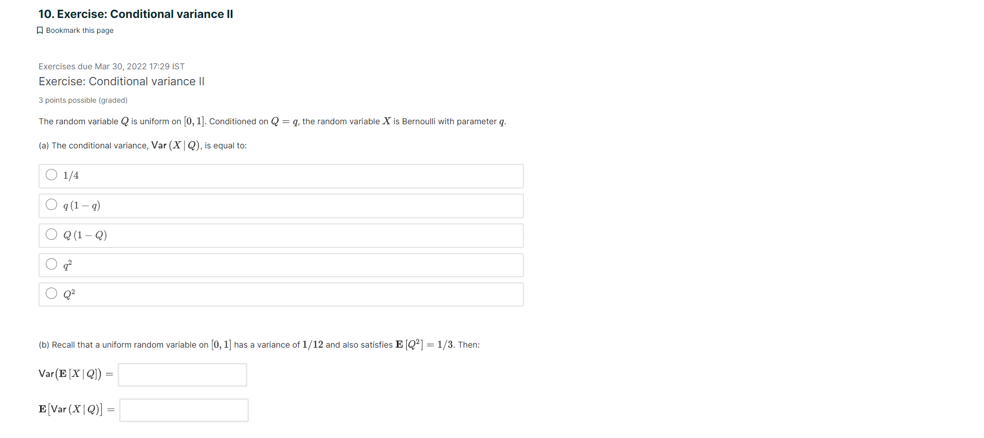 Solved 10. Exercise: Conditional variance II Bookmark this | Chegg.com