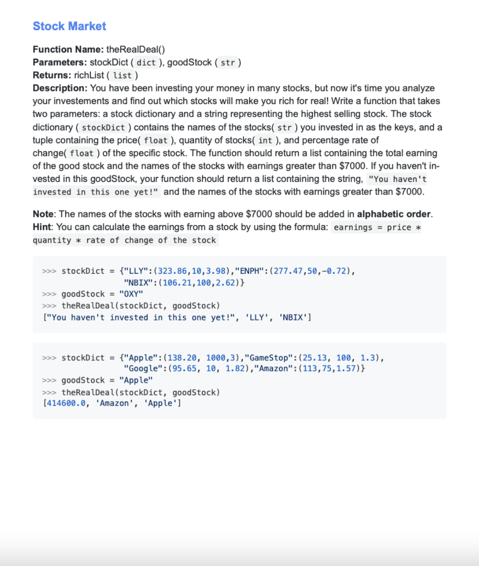 Solved Stock Market Function Name: theRealDeal() Parameters: | Chegg.com