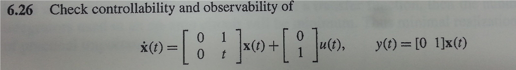 Solved 6.26 Check controllability and observability of x(t)0 | Chegg.com