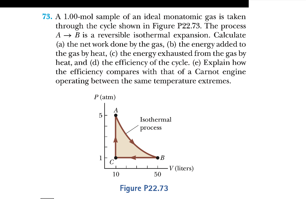 Solved 73. A 1.00-mol sample of an ideal monatomic gas is | Chegg.com