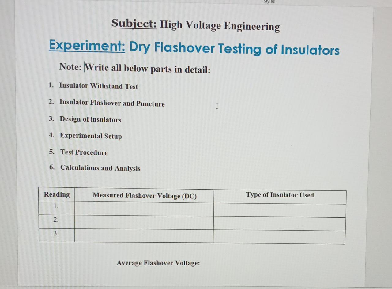 Solved Styles Subject: High Voltage Engineering Experiment: | Chegg.com