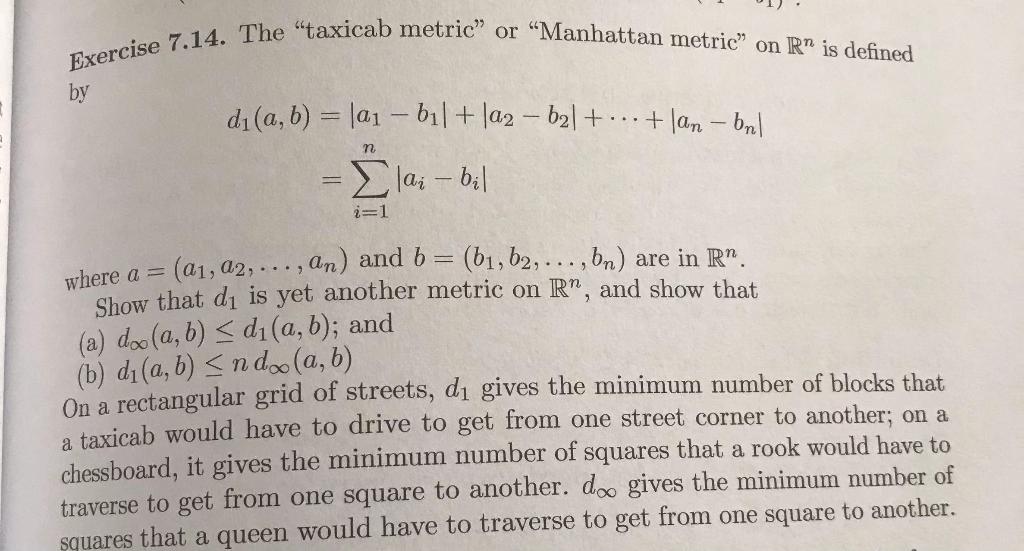 Solved Exercise 7.14. The "taxicab metric" or "Manhattan | Chegg.com