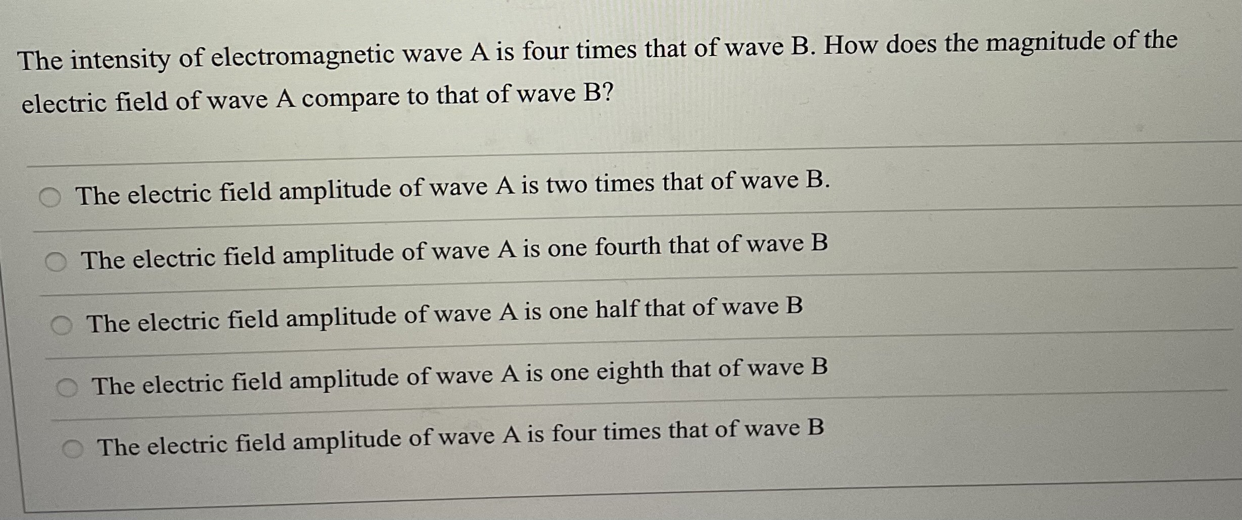 Solved The intensity of electromagnetic wave A is four times | Chegg.com