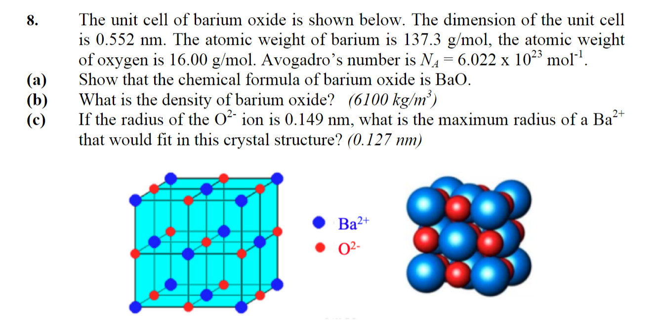 Solved (a) (b) (c) The unit cell of barium oxide is shown | Chegg.com