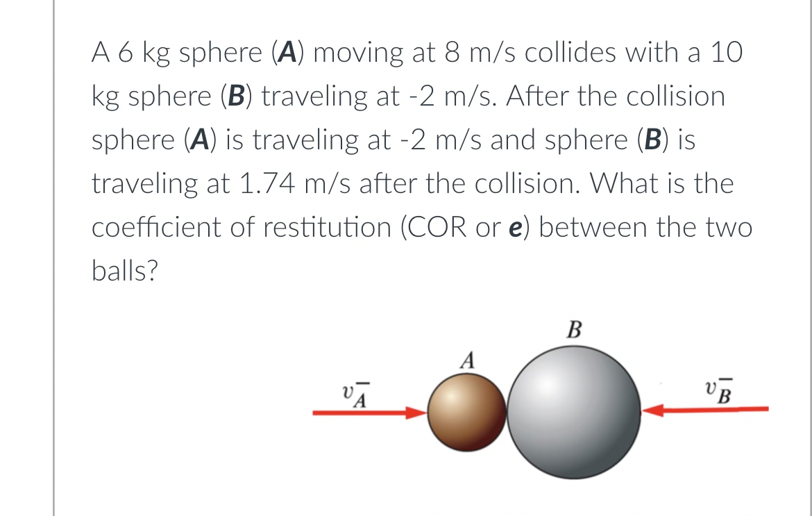 Solved A 6 kg sphere (A) moving at 8 m/s collides with a 10 | Chegg.com