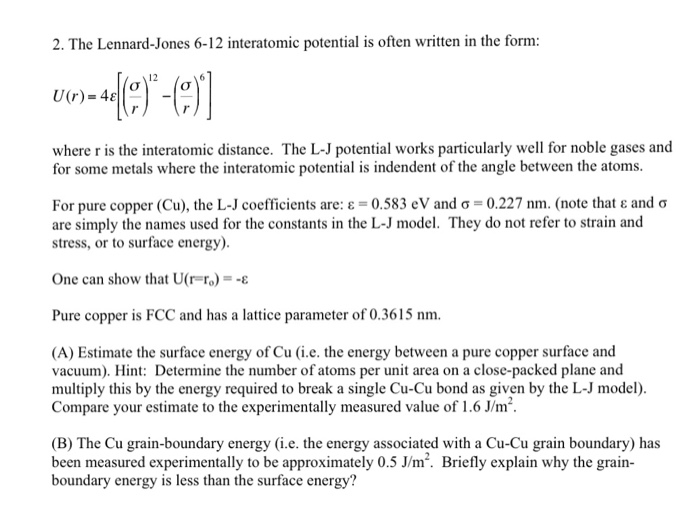 Solved The Lennard-Jones 6-12 interatomic potential is often | Chegg.com