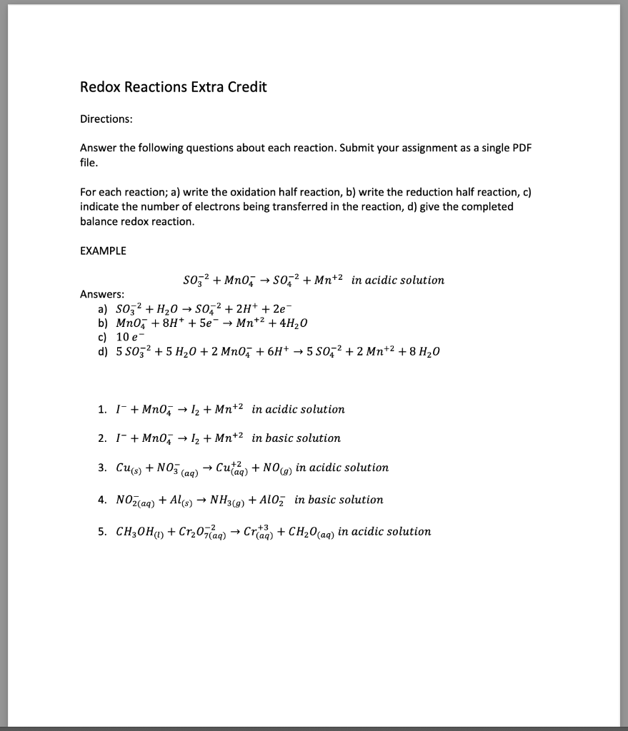 Solved Redox Reactions Extra Credit Directions: Answer the | Chegg.com