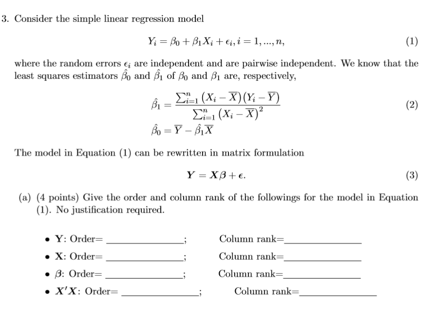 Solved 3. Consider the simple linear regression model Y; 3D | Chegg.com