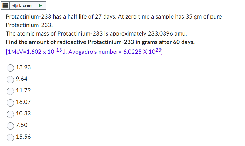 Solved Protactinium-233 ﻿has a half life of 27 ﻿days. At | Chegg.com