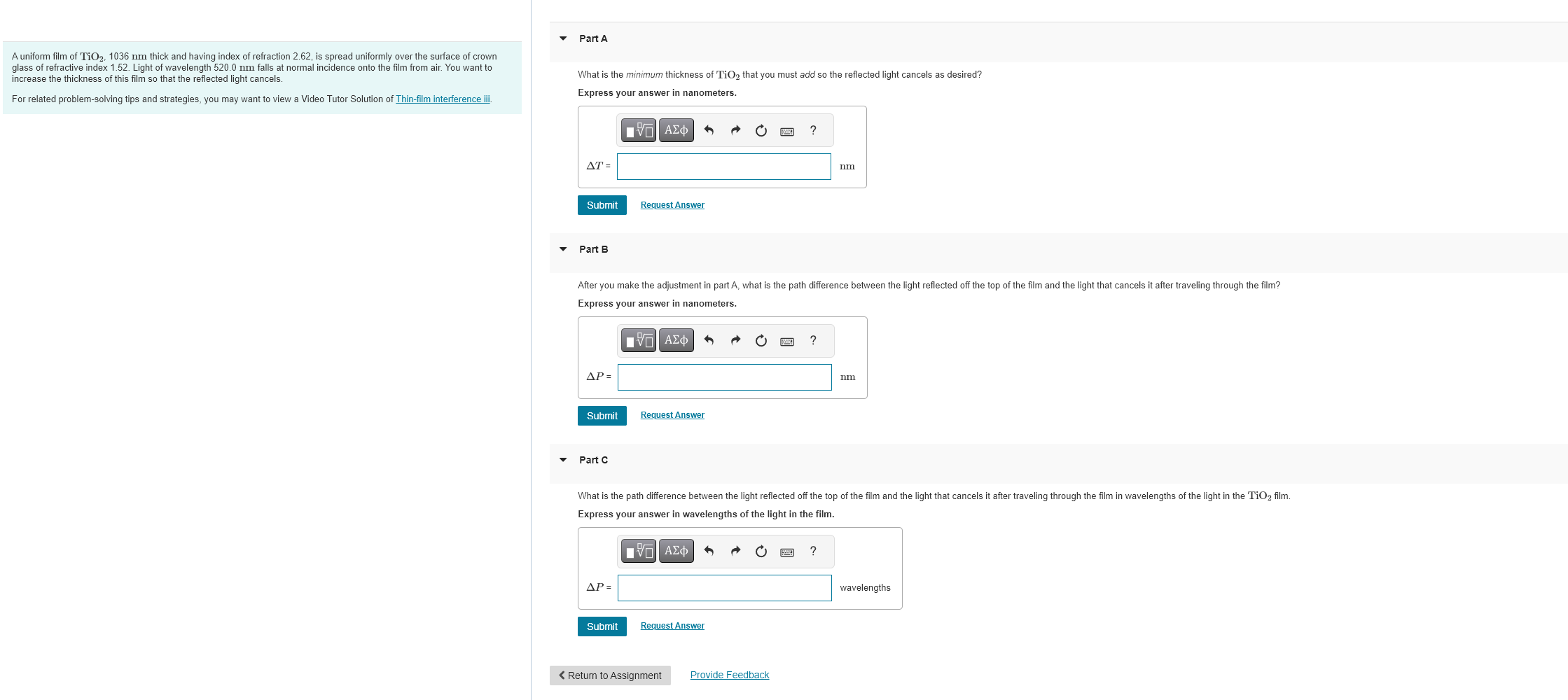 Solved A uniform film of TiO2,1036 nm thick and having index | Chegg.com
