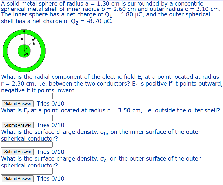 Solved A solid metal sphere of radius a=1.30cm ﻿is | Chegg.com