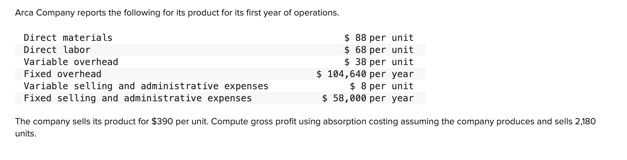 Solved Arca Company reports the following for its product | Chegg.com
