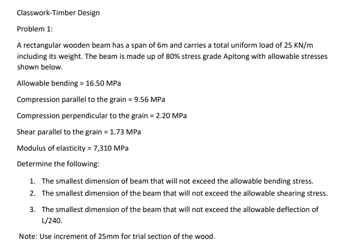 Solved Classwork-Timber Design Problem 1: A rectangular | Chegg.com