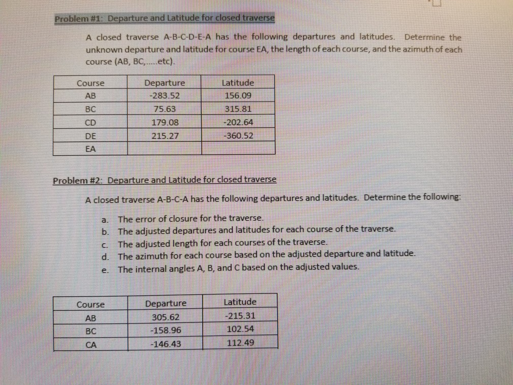 Solved 1 Departure And Latitude For Closed Traverse