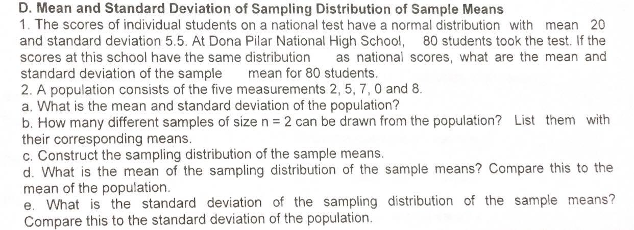 Solved D. Mean and Standard Deviation of Sampling | Chegg.com
