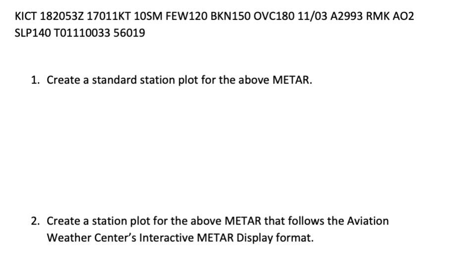 Solved KICT 182053Z 17011KT 10SM FEW120 BKN150 OVC180 11/03 | Chegg.com