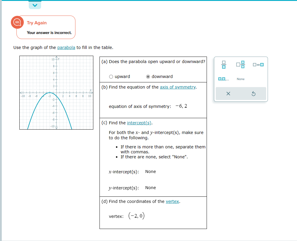 Solved Use the graph of the parabola to fill in the table. | Chegg.com