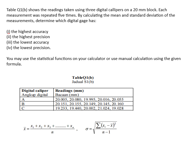 Solved Table Q1(b) shows the readings taken using three | Chegg.com