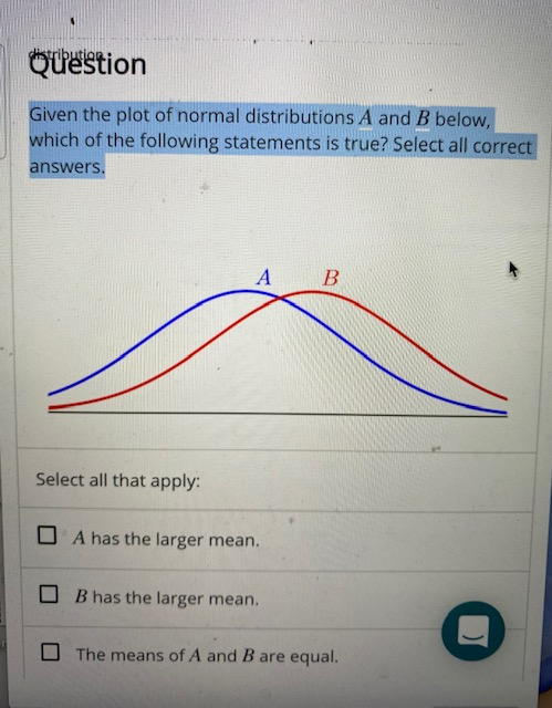 Solved Given the plot of normal distributions A and B below, | Chegg.com