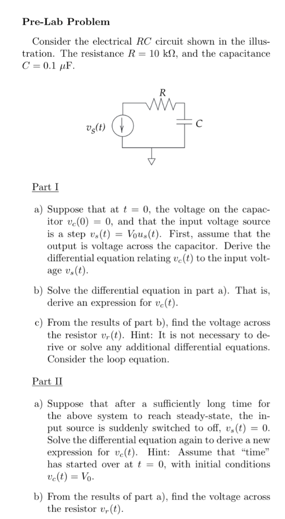 Solved Pre-Lab Problem Consider the electrical RC circuit | Chegg.com