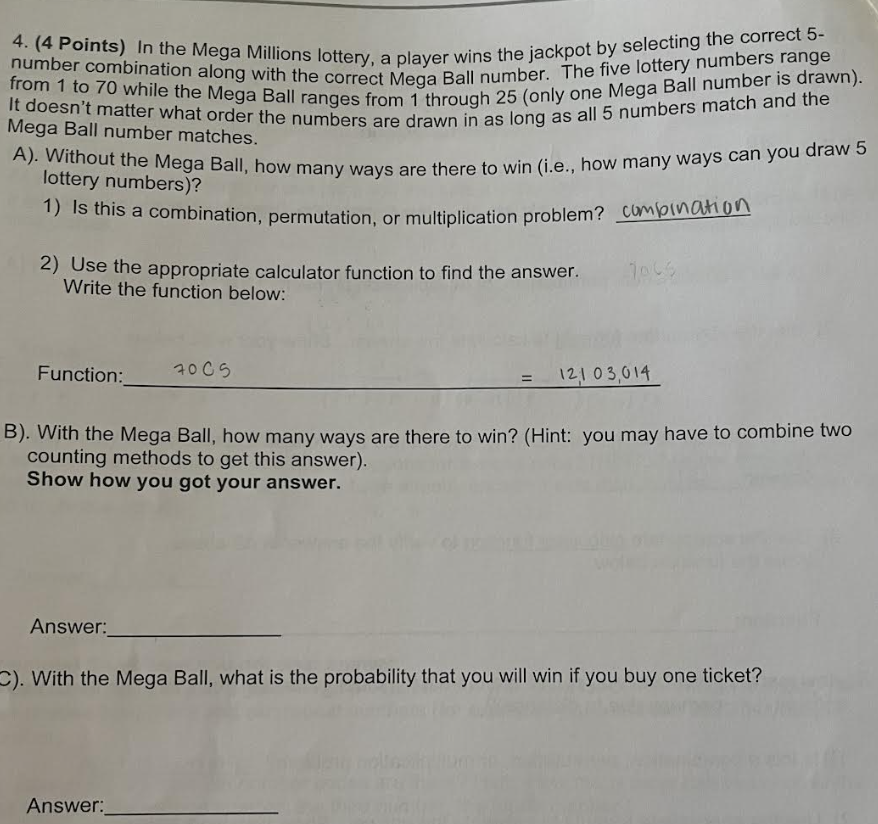 Solved 4. (4 Points) In the Mega Millions lottery, a player | Chegg.com