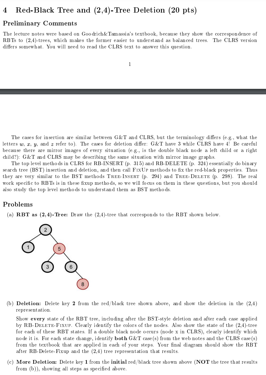 Solved 4 Red-Black Tree and (2,4)-Tree Deletion (20 pts) | Chegg.com